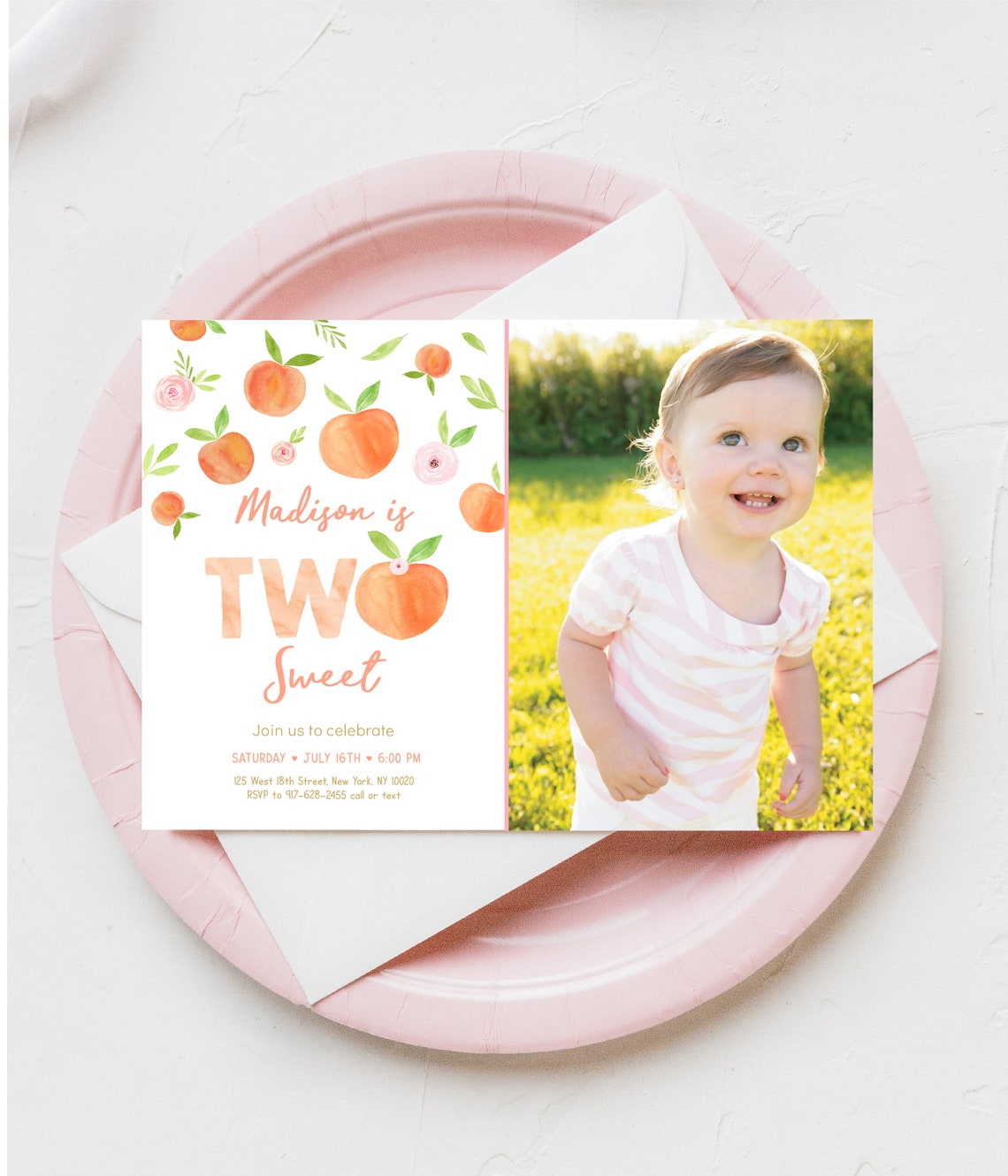 Editable Peach Birthday Invitation Two Sweet Peach Second | Etsy