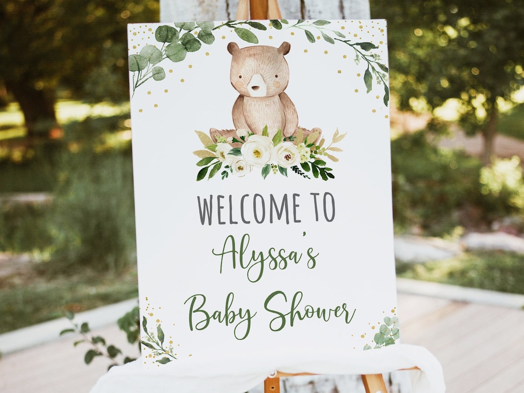 Editable Teddy Bear Baby Shower Welcome Sign Teddy Bear With Balloons ...
