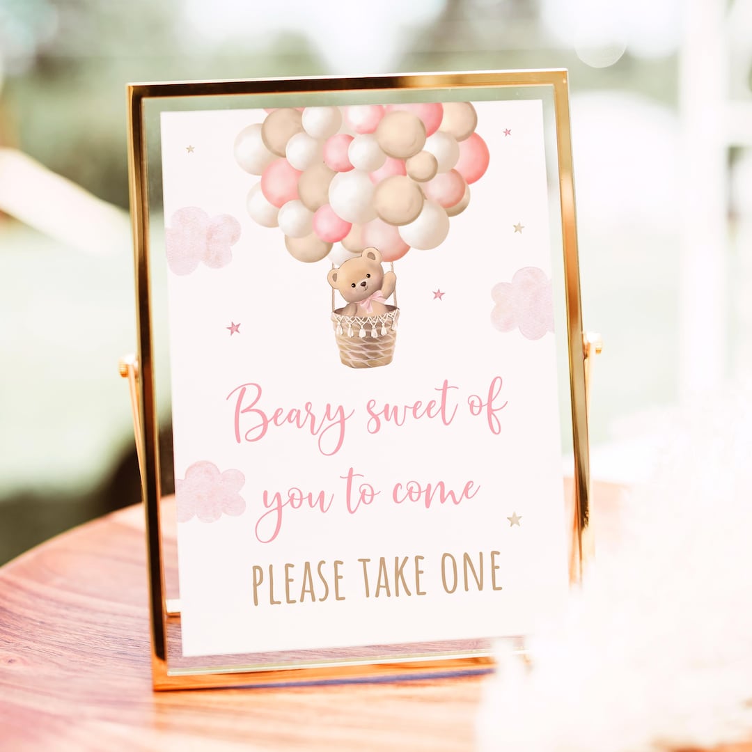 Pink Teddy Bear Party Favor Sign, Bear Hot Air Balloon, Girl Bear ...