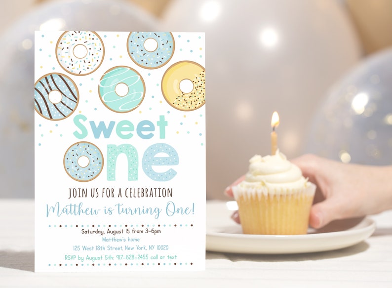 Editable Donut Sweet One Birthday Invitation Blue Donut Boy - Etsy