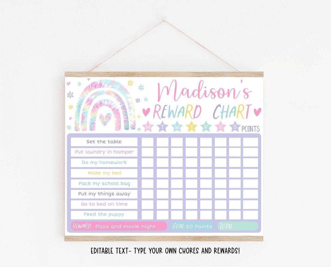 Editable Rainbow Tie Dye Reward Chart, Tie Dye Behavior Chart, Pastel ...
