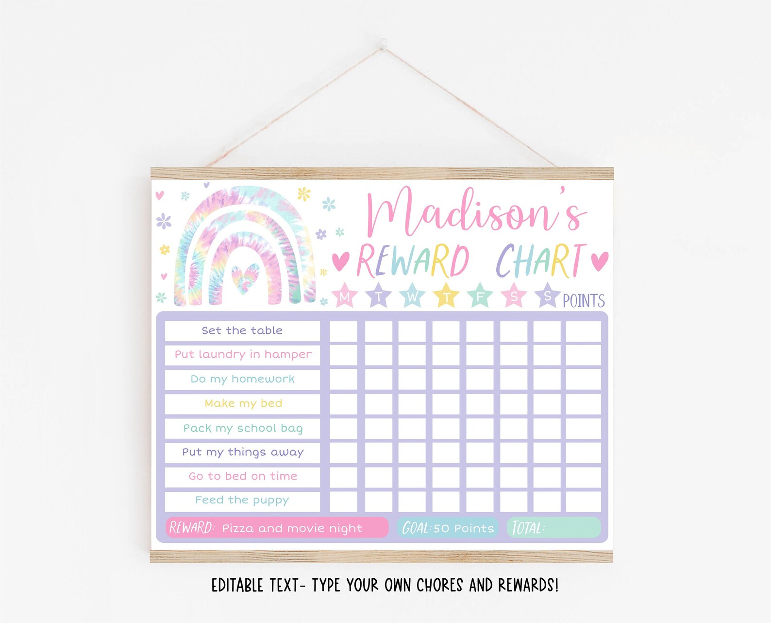 Editable Rainbow Tie Dye Reward Chart, Tie Dye Behavior Chart, Pastel ...