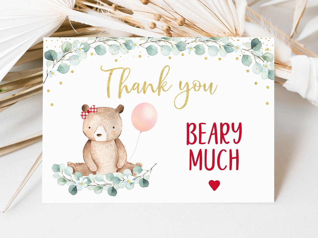 Editable Teddy Bear Birthday Thank You Card Bear With Balloons Red Gold ...