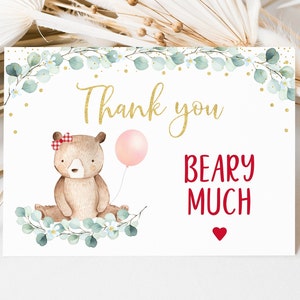 Editable Teddy Bear Birthday Thank You Card Bear With Balloons Red Gold ...