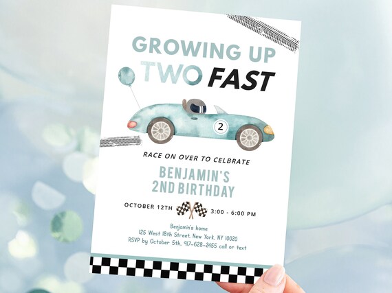 Editable Race Car Birthday Invitation Growing Up Two Fast Birthday ...