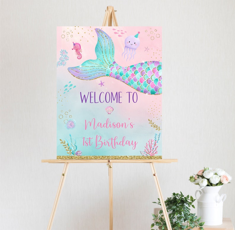 Editable Mermaid Birthday Welcome Sign Girls Mermaid Party | Etsy