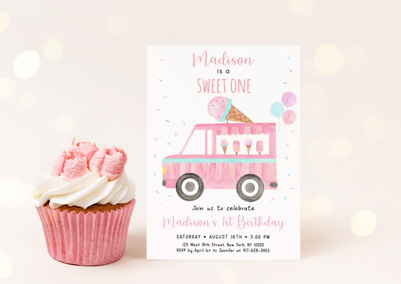 Editable Ice Cream Truck Birthday Invitation Sweet One Ice Etsy