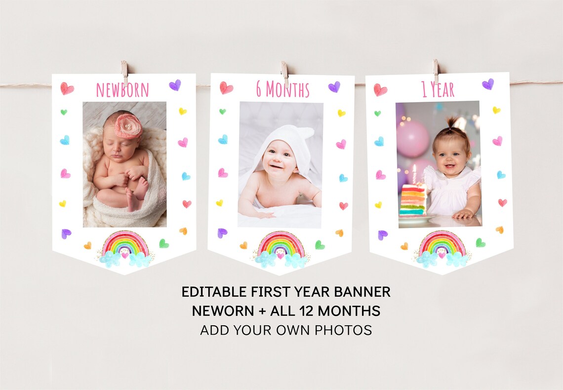Rainbow First Birthday Banner Monthly Photo Banner First Year Banner ...