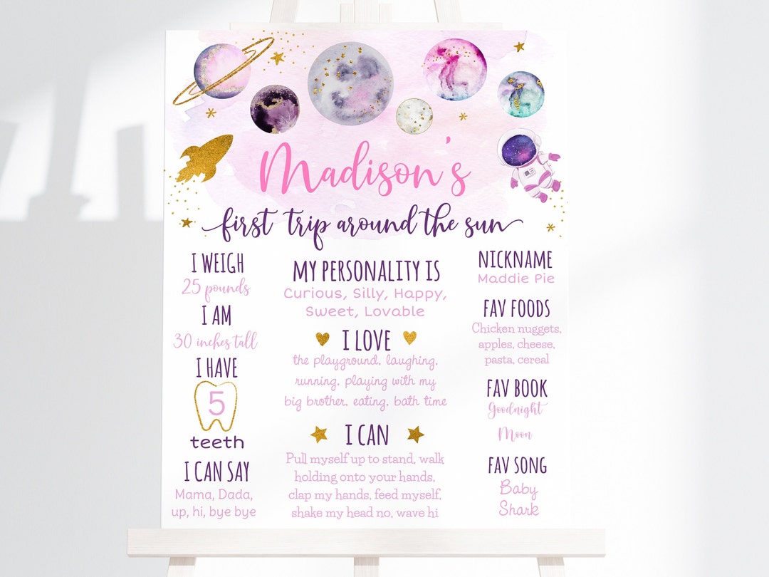 Editable Girl Astronaut Outer Space Birthday Milestone Sign First Trip ...