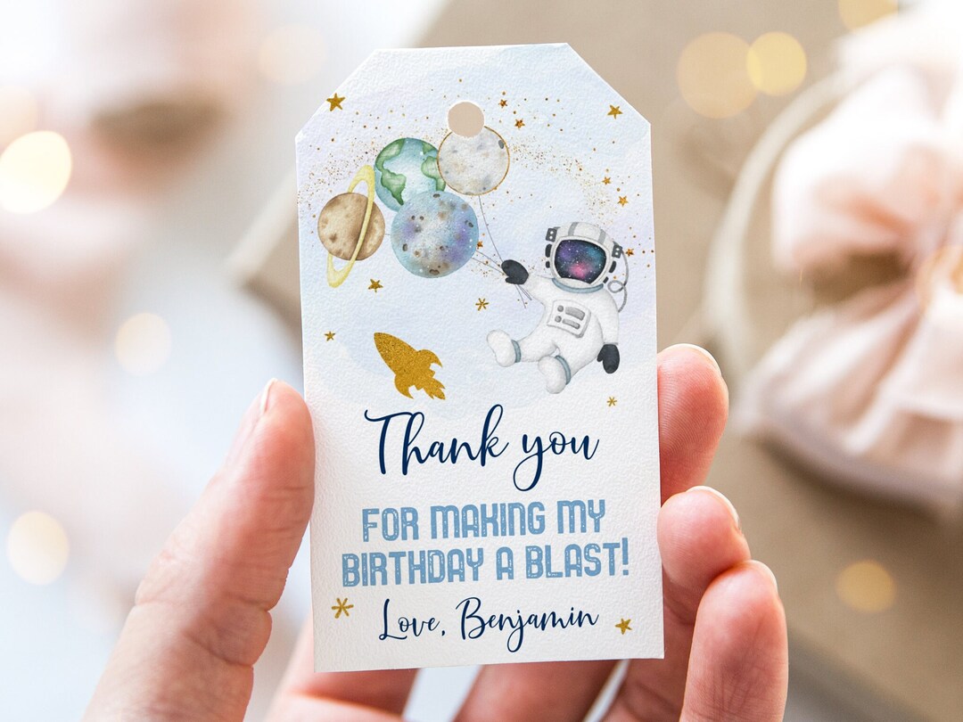Editable Space Birthday Thank You Tags Favor Tags Blue Gold Astronaut ...