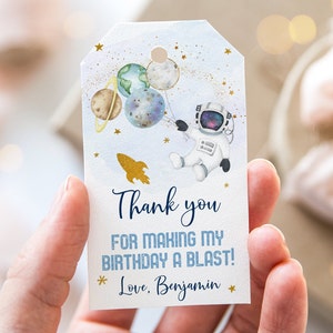 Editable Space Birthday Thank You Tags Favor Tags Blue Gold Astronaut ...