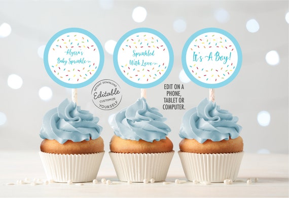 EDITABLE Baby Sprinkle Cupcake Toppers Blue Baby Sprinkle Baby Boy ...
