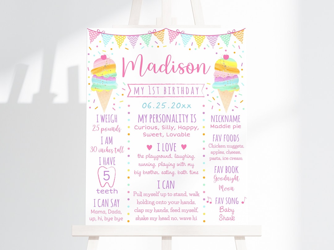 Editable Ice Cream Birthday Milestone Poster Ice Cream First Birthday ...