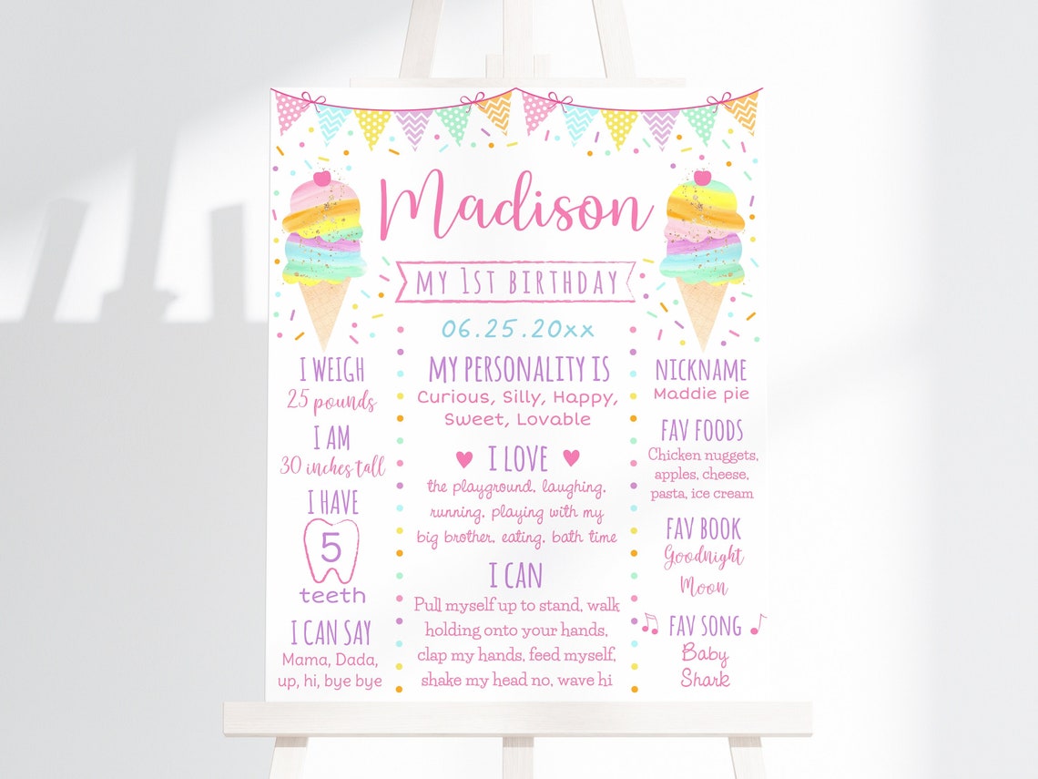 Editable Ice Cream Birthday Milestone Poster Ice Cream First - Etsy