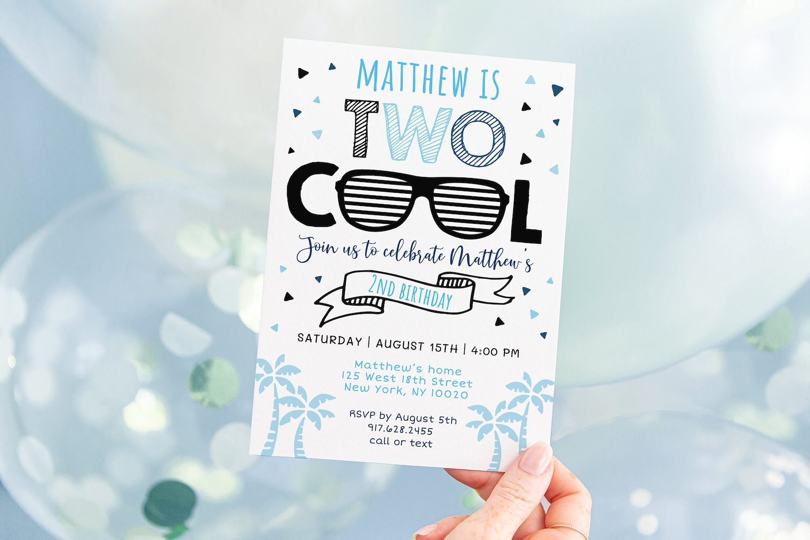 EDITABLE Two Cool Birthday Invitation Two Cool Party Sunglasses Palm ...