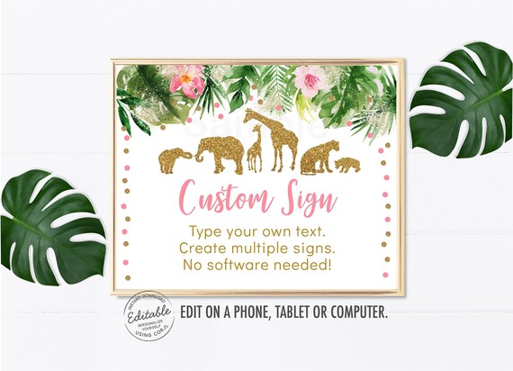 EDITABLE Pink & Gold Safari Baby Shower Sign, Table Sign, Safari ...