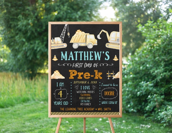 Editable First Day of Pre-K Sign Construction Truck First Day of Pre ...