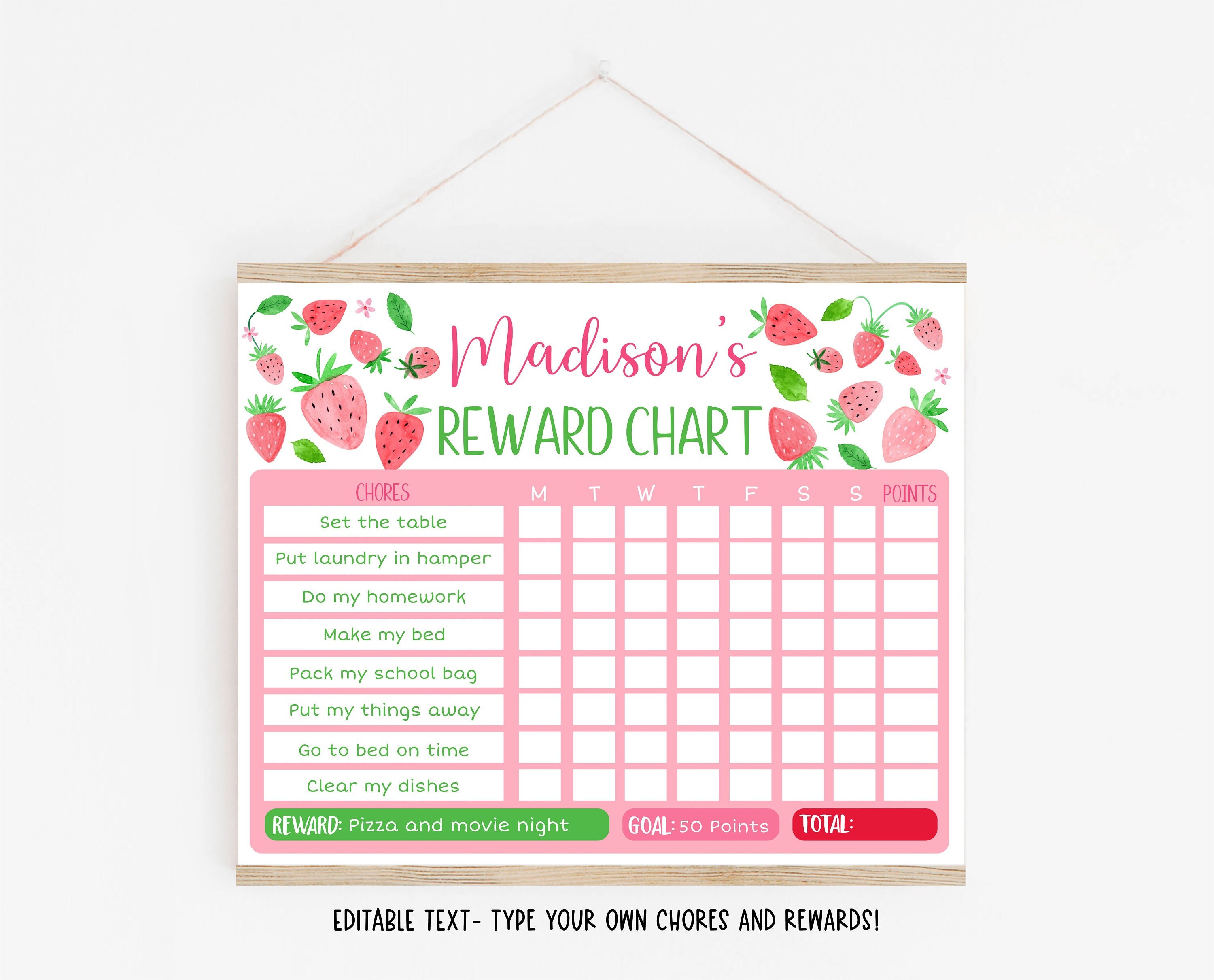 Editable Strawberry Reward Chart Strawberry Behavior Chart Girls Daily ...