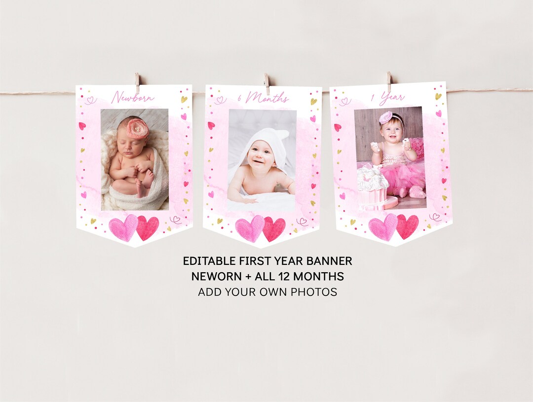 Hearts First Birthday Banner Monthly Photo Banner First Year Banner ...