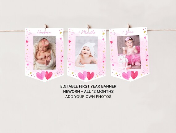 Hearts First Birthday Banner Monthly Photo Banner First Year Banner ...