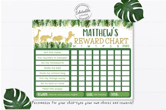 EDITABLE Safari Reward Chart Safari Chore Chart Safari Behavior Chart ...