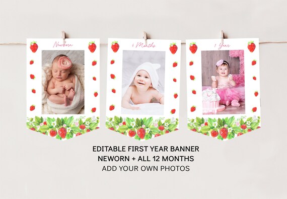 Strawberry First Birthday Banner Monthly Photo Banner Berry Sweet ...