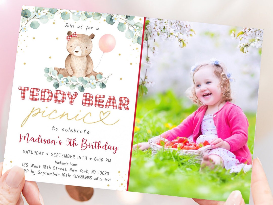 Editable Teddy Bear Picnic Birthday Invitation Red Gold Girl - Etsy