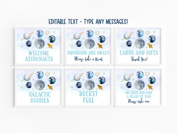 Editable Blue Space Birthday Sign Table Signs Set of 6 Blue Gold Boy ...