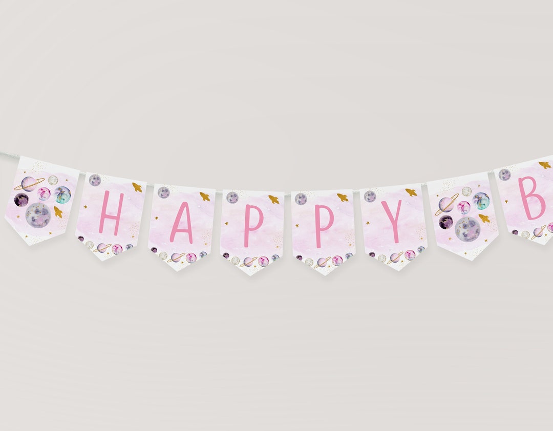 Editable Space Birthday Banner Galaxy Birthday Banner Pink Gold Galaxy ...