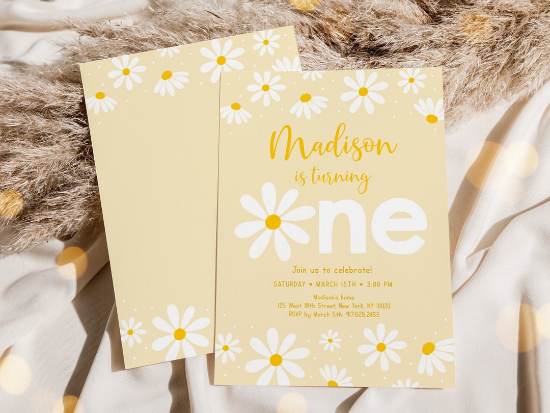 Daisy First Birthday Invitation Retro Daisy Birthday Invite Yellow ...