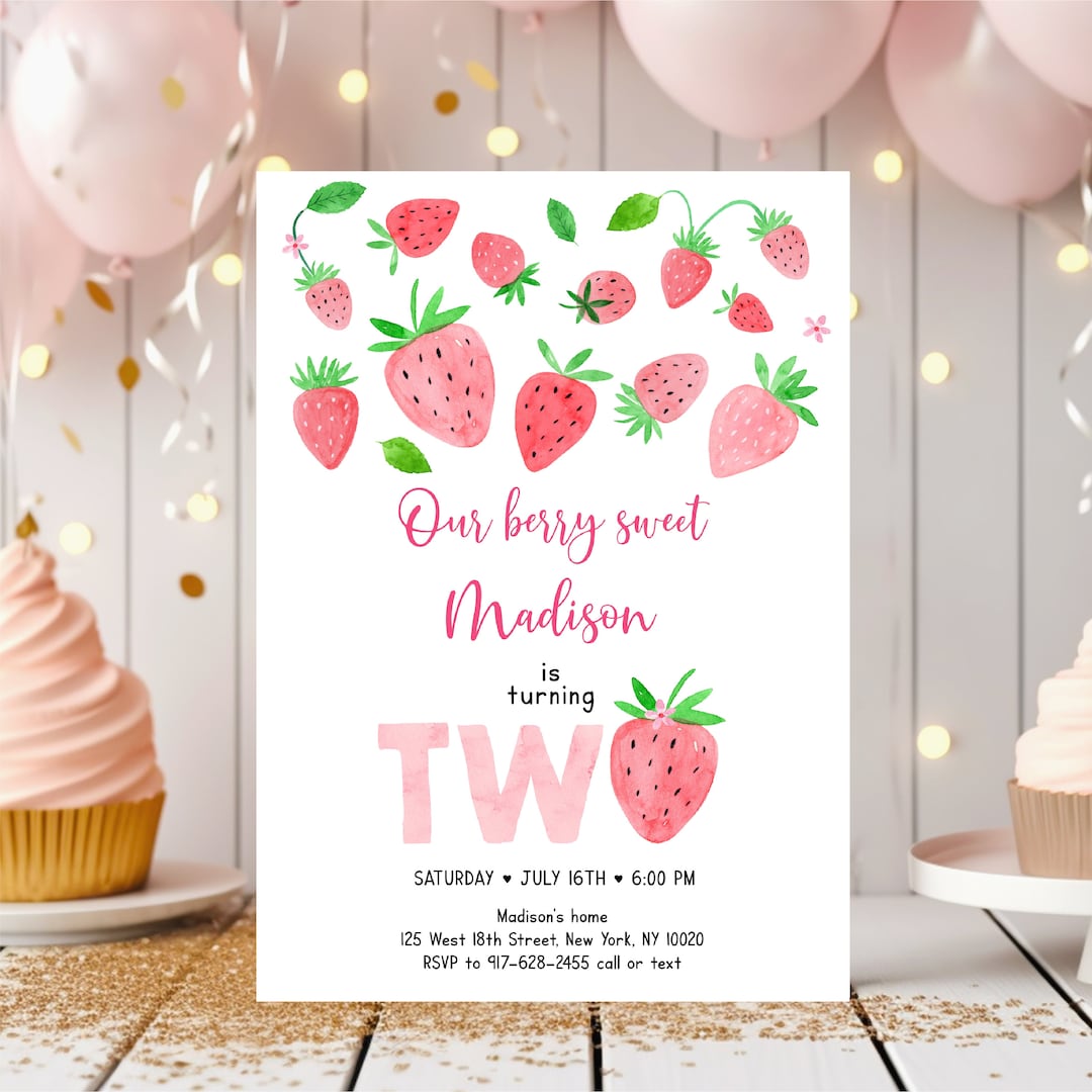 Editable Strawberry Birthday Invitation Berry Sweet Birthday Invite ...