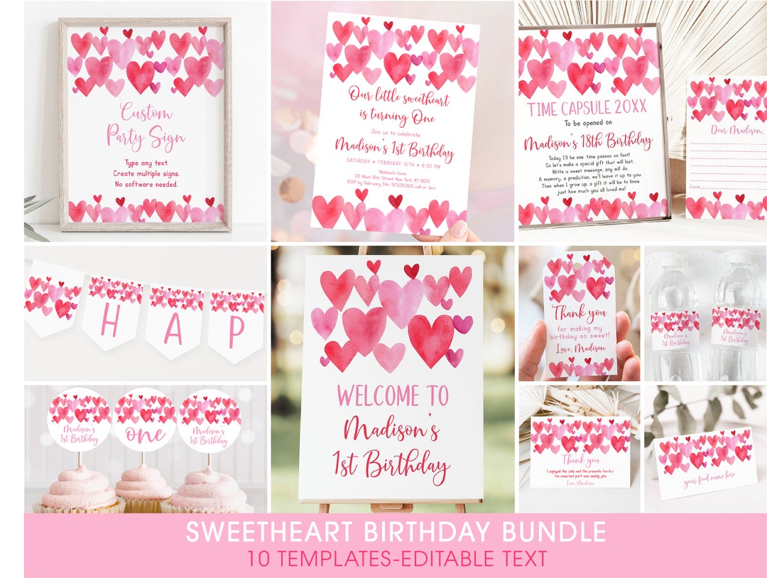 Editable Little Sweetheart First Birthday Invitation Bundle Pink Red ...
