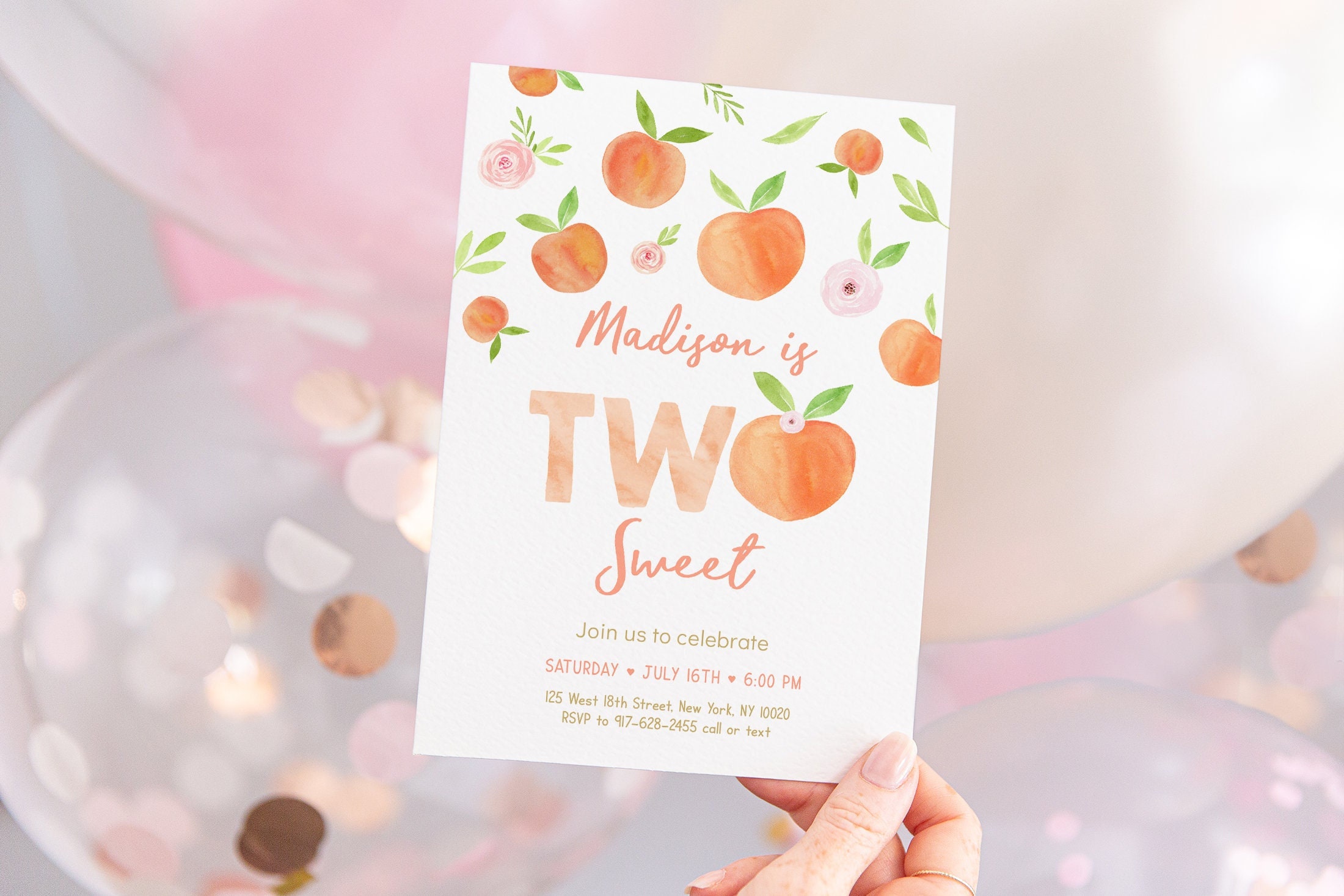 Editable Peach Birthday Invitation Two Sweet Peach Second | Etsy