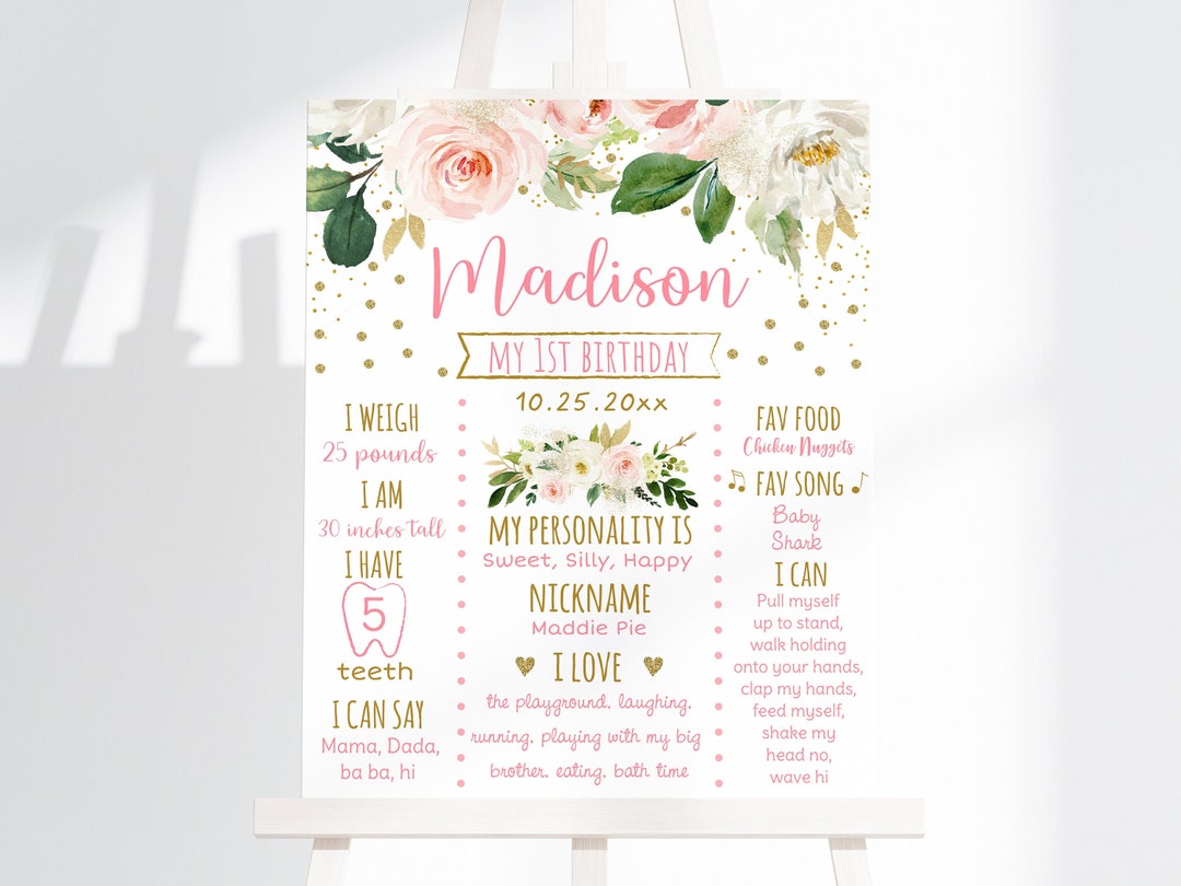 Editable Floral Blush & Gold Milestone Birthday Sign, First Birthday ...