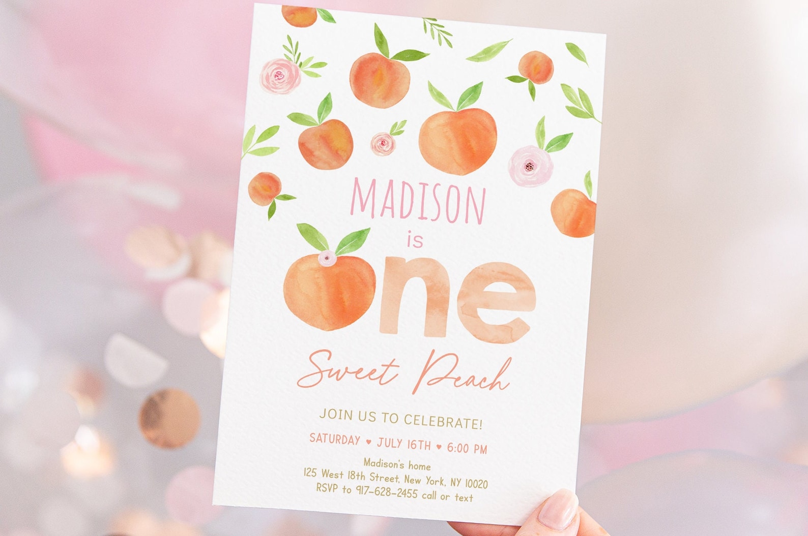 Editable Peach Birthday Invitation One Sweet Peach First Birthday ...
