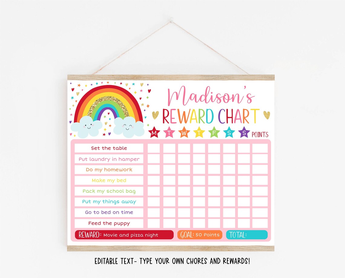 EDITABLE Rainbow Reward Chart Rainbow Behavior Chart Pink & - Etsy