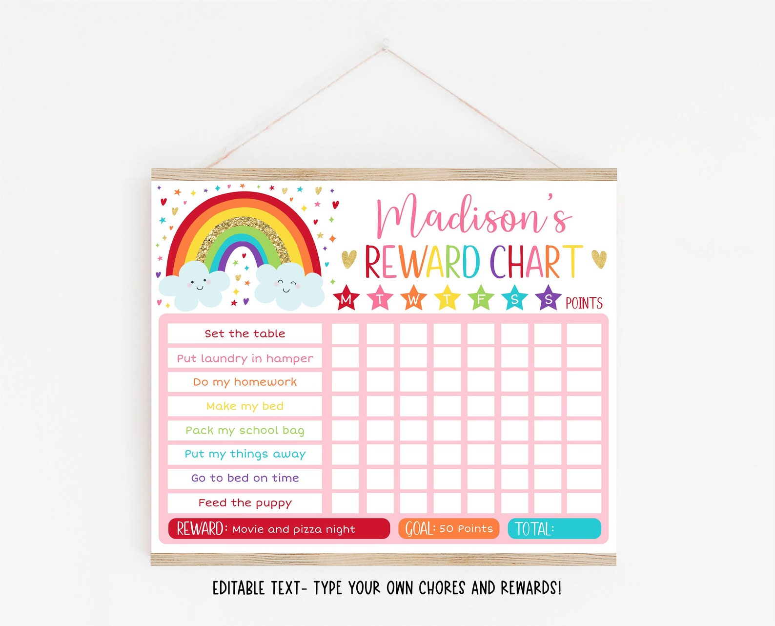 EDITABLE Rainbow Reward Chart Rainbow Behavior Chart Pink & - Etsy