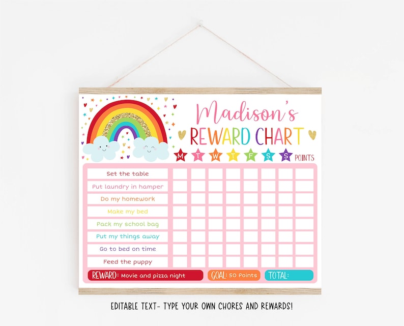 EDITABLE Rainbow Reward Chart, Rainbow Behavior Chart, Pink & Gold ...