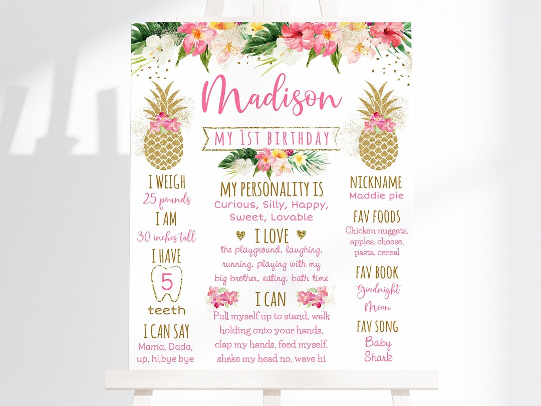 Editable Pineapple Birthday Milestone Sign Tropical Floral Pineapple ...