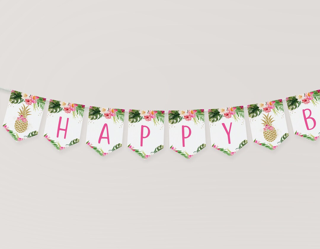 Editable Pineapple Birthday Banner Pink Tropical Floral Gold - Etsy