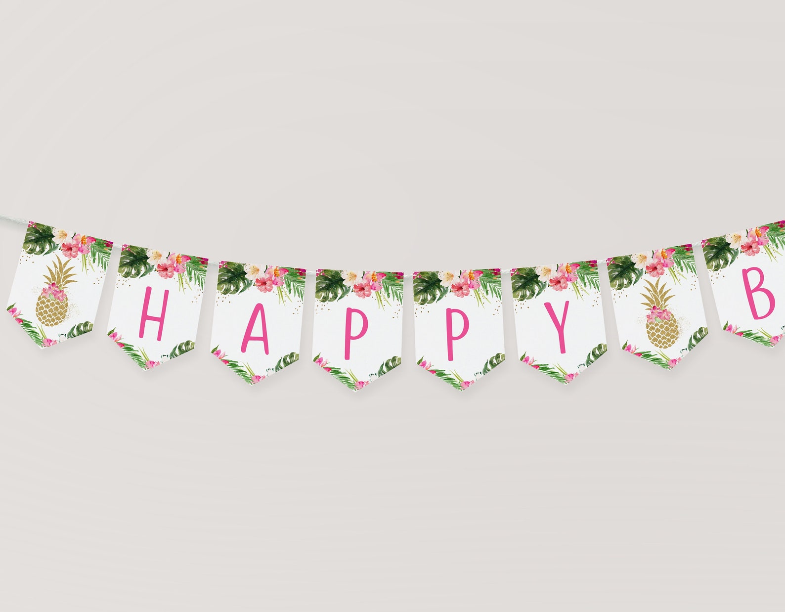 Editable Pineapple Birthday Banner Pink Tropical Floral Gold - Etsy
