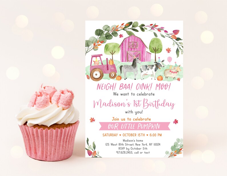 EDITABLE Pink Farm Birthday Invitation Fall Farm Birthday Girl - Etsy