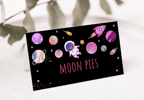 Editable Space Birthday Tent Cards Food Labels Place Cards Pink Girl ...