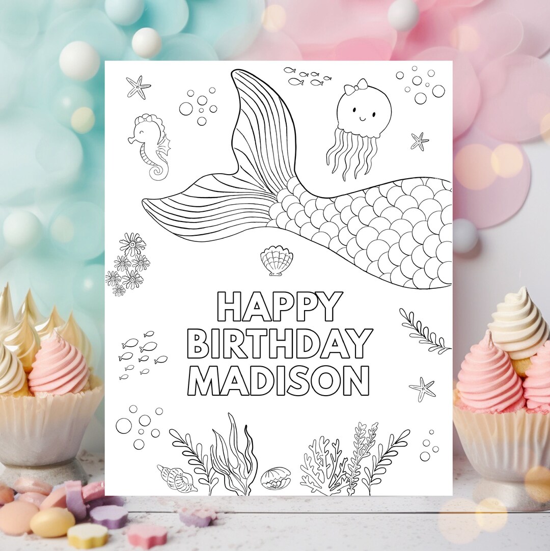 Mermaid Birthday Coloring Page, Birthday Activity, Kids Coloring Page ...