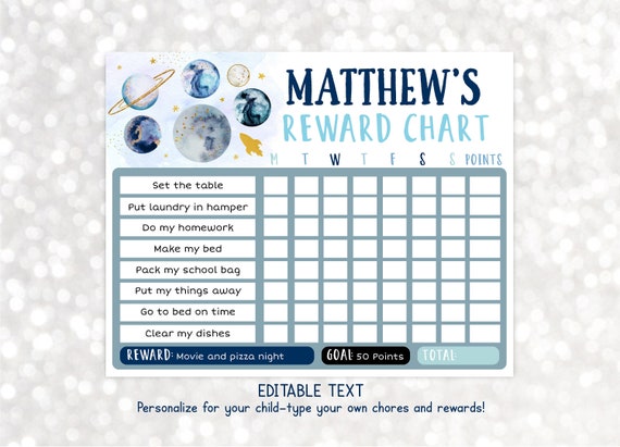 Editable Space Reward Chart Galaxy Rocket Ship Stars Planets Boy Chore ...