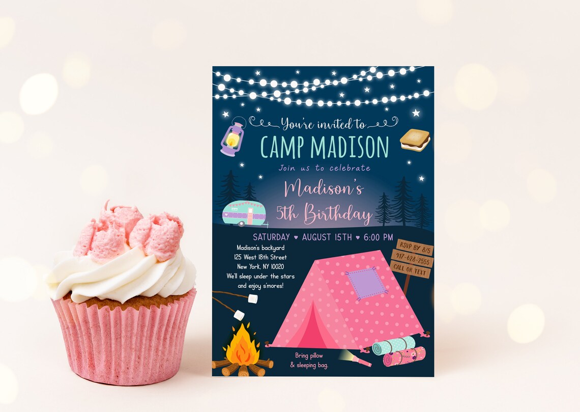 Editable Girl Camping Birthday Invitation Camping Sleepover - Etsy