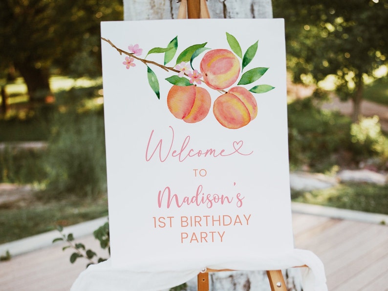 Editable Peach Birthday Welcome Sign One Sweet Peach Birthday Peach ...