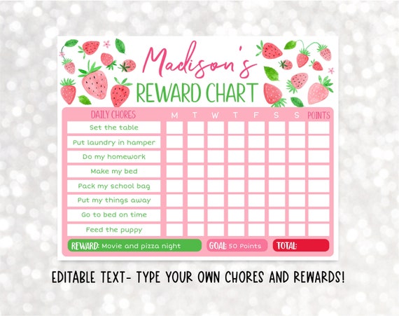 Editable Strawberry Reward Chart Strawberry Behavior Chart Girls Daily ...