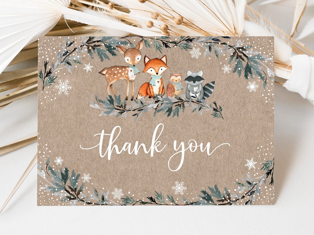 Winter Woodland Thank You Card Winter Woodland Baby Shower Greenery ...