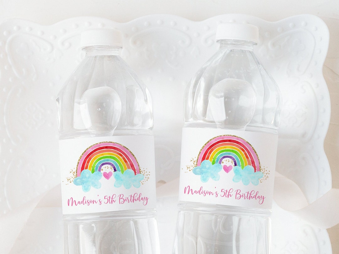 Editable Rainbow Water Bottle Labels Girls Rainbow Party Pink Gold ...
